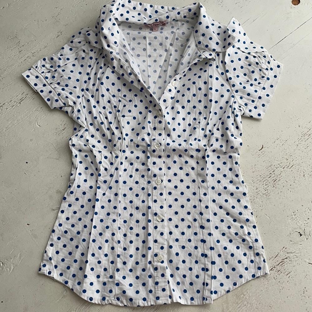 [ 6 Degrees White & Blue Polka Dot Button Down ] L - Gem